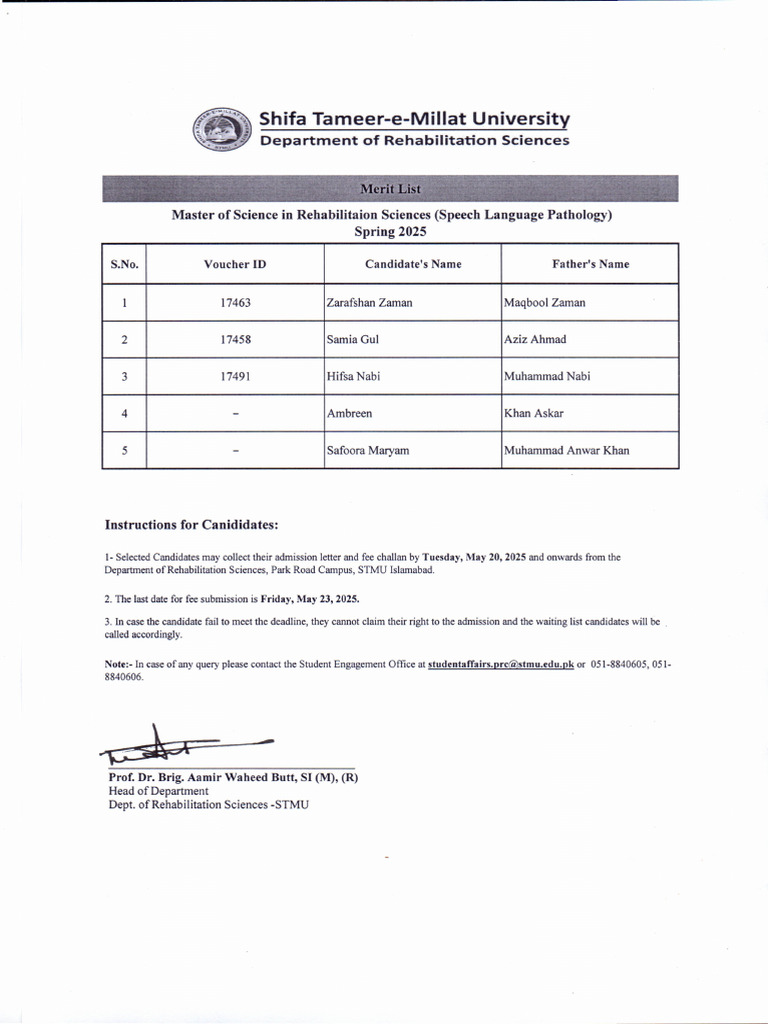 STMU Rehabilitation Sciences Merit List 2025 | PDF