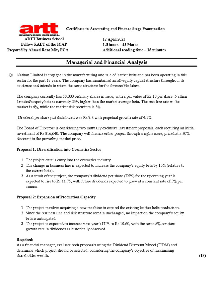 First Mock MFA Sept 2025 (12 April 2025) | PDF | Cost Of Capital | Dividend
