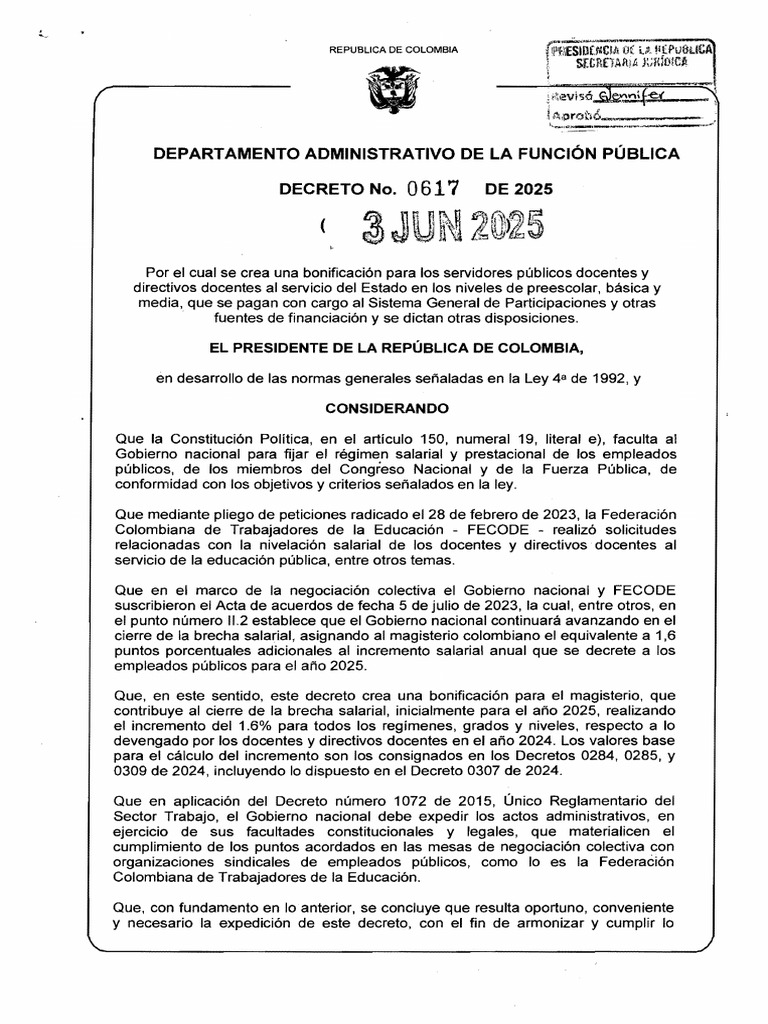 Bonificación Docente Decreto 0617 de 2025 | PDF | Educación de la ...