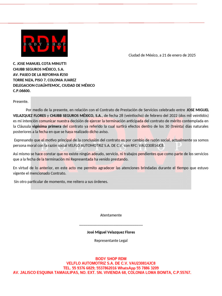 Terminacion de Contrato Chubb | PDF