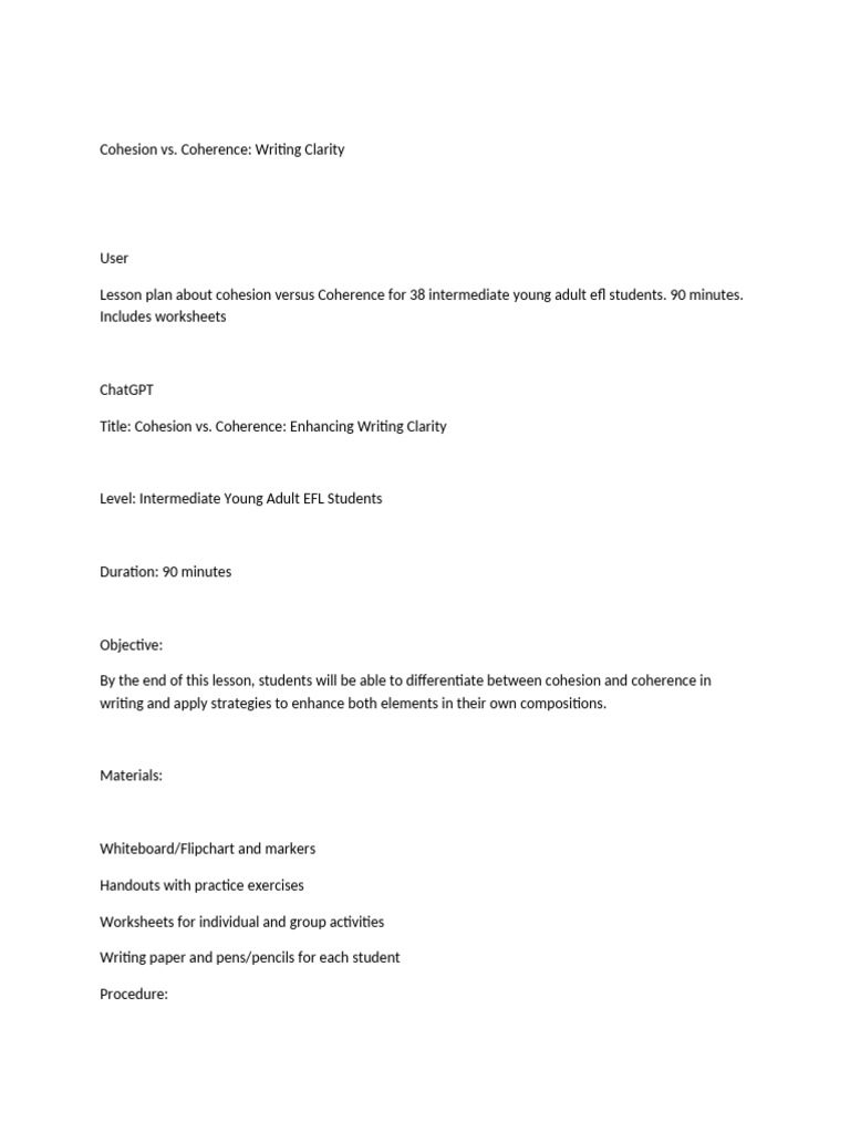 Cohesion vs. Coherence: EFL Lesson Plan | PDF | Reading Comprehension ...