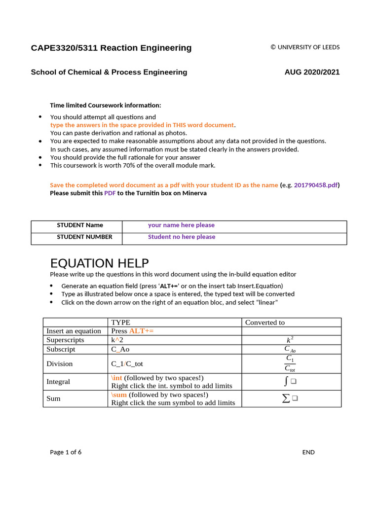 CAPE33200-5311M - Coursework August 2021 | PDF | Chemical Reactor | Reaction Rate Constant