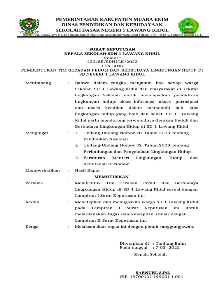 SK Tim Kader Adiwiyata 2022 | PDF