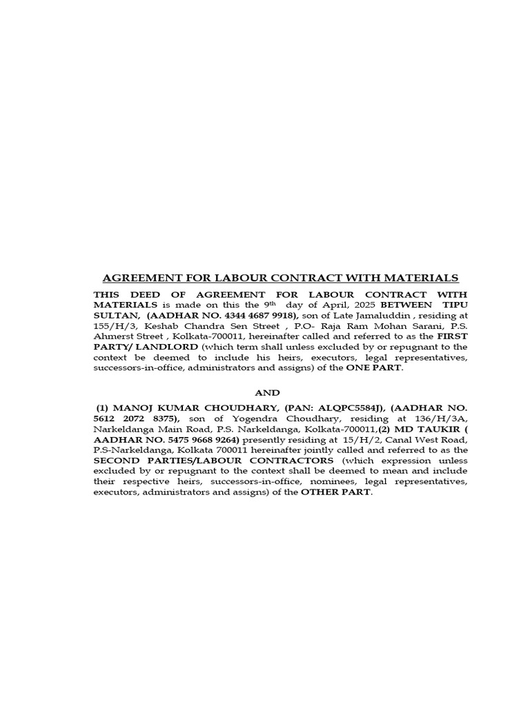 Agreement For Labour Contract | PDF | Bathroom | Door