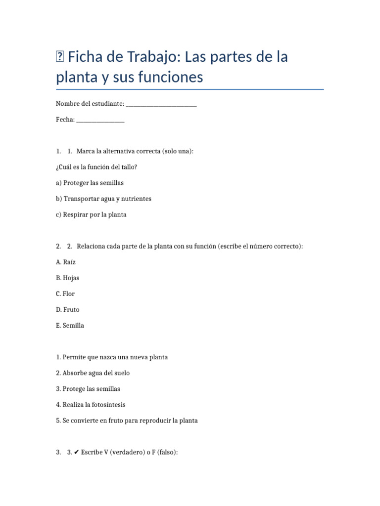 Ficha de Trabajo: Partes de la Planta | PDF