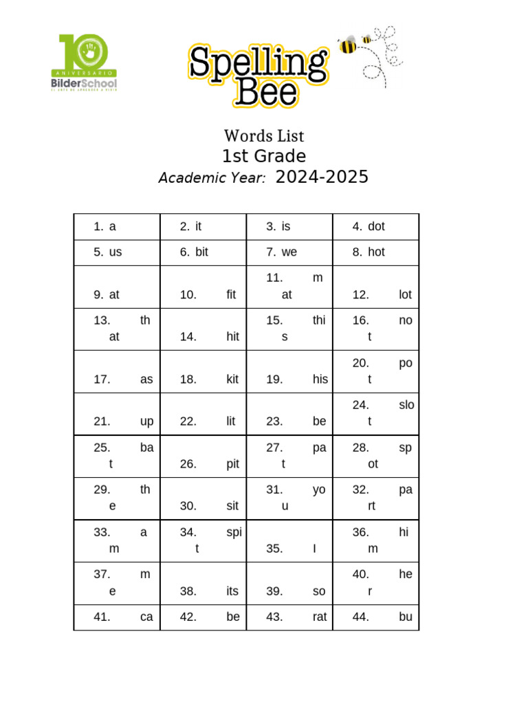 1st Grade Spelling Bee Format 2024-2025 | PDF