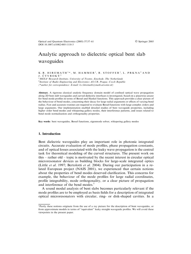 Analytic Approach To Dielectric Optical Bent Slab Waveguides | PDF | Waveguide | Waves