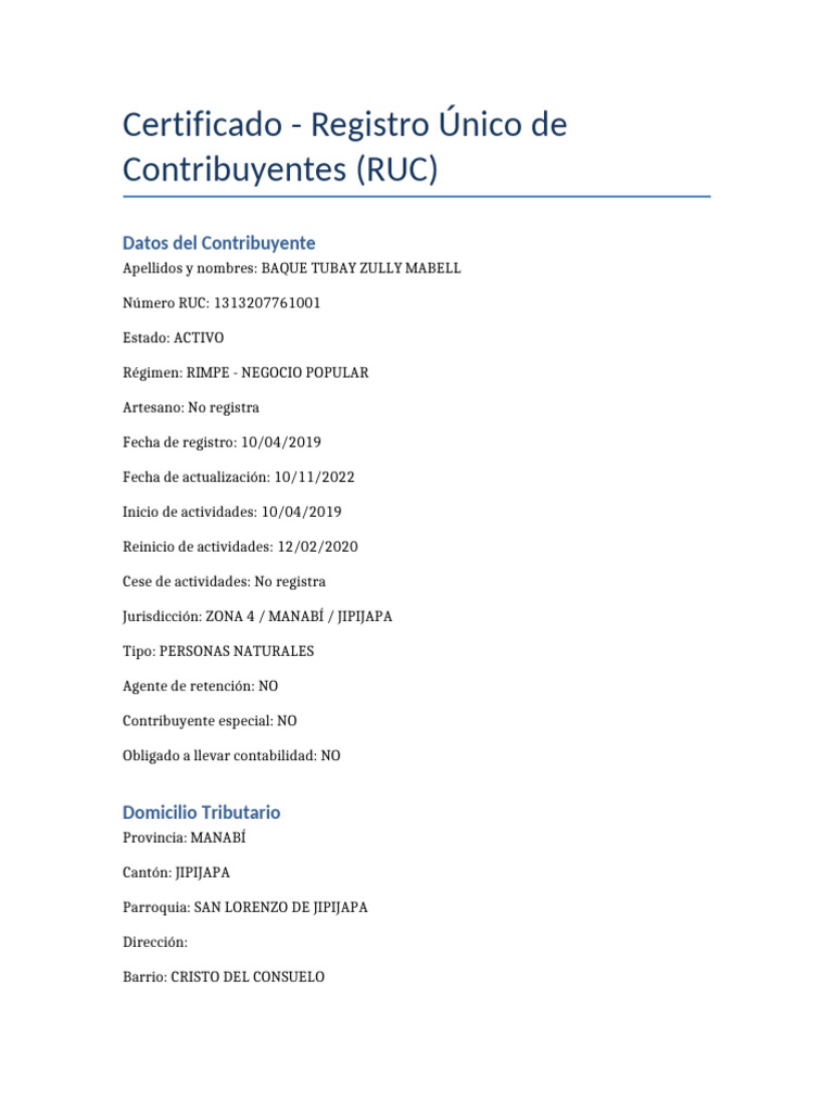 Certificado RUC Ecuador Editable | PDF