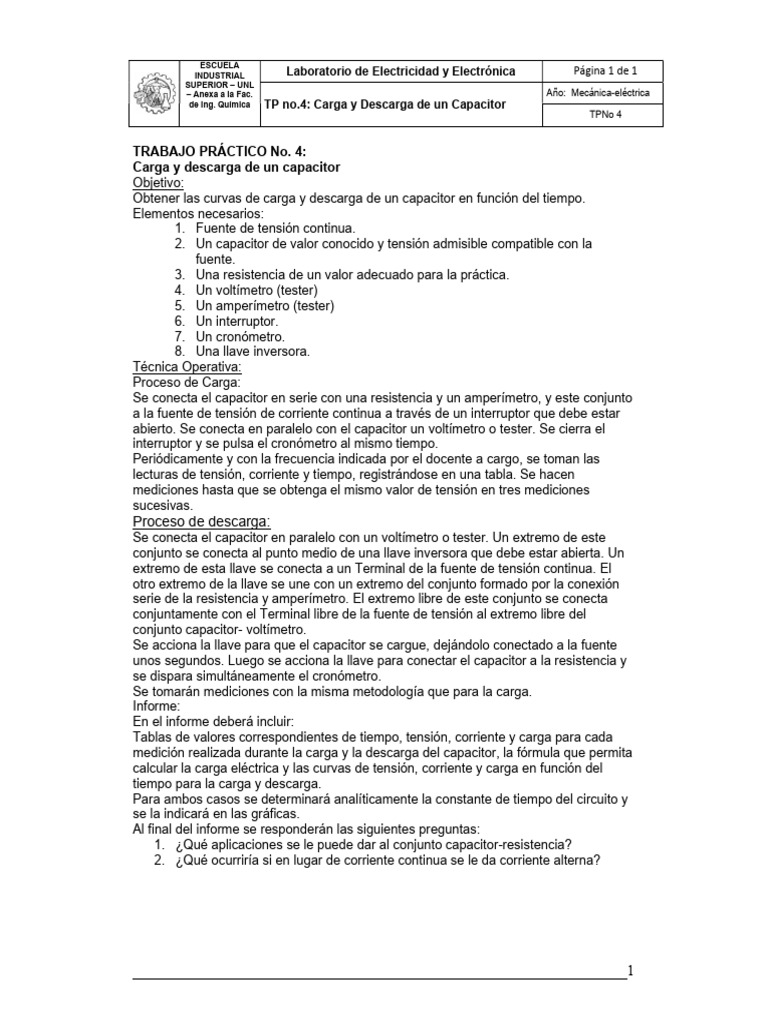 TP4 - Carga Descarga de Cap | PDF | Condensador | Corriente eléctrica
