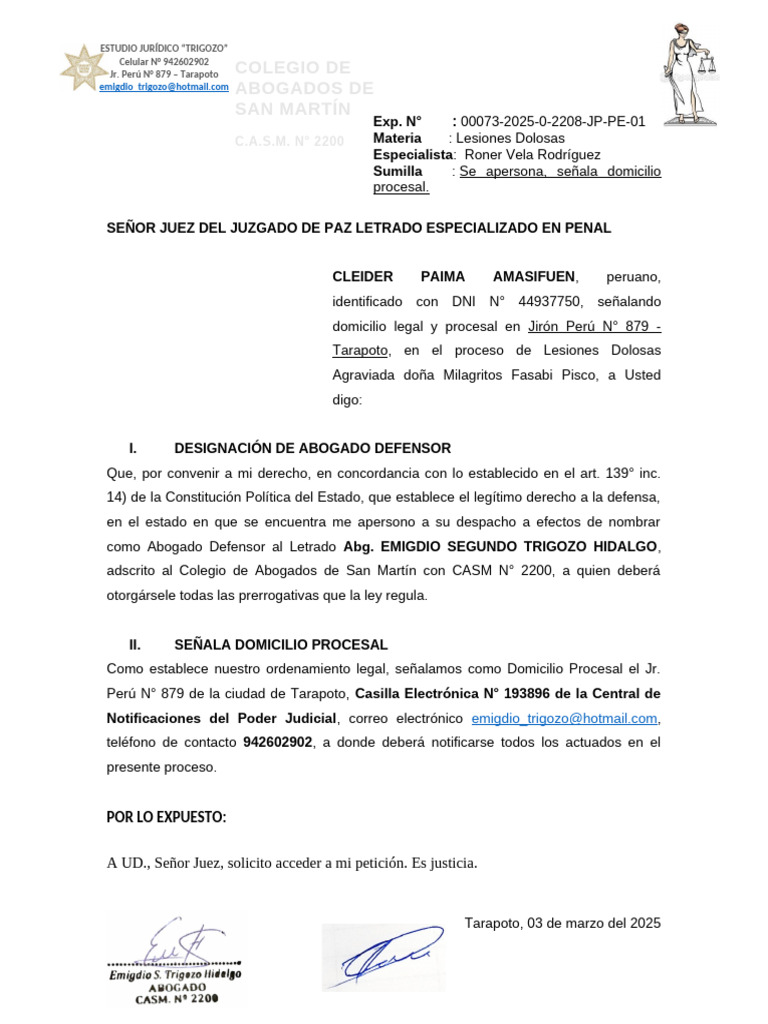 Apersonamiento Cleider Lesiones Dolosas | PDF | Ley procesal | Gobierno