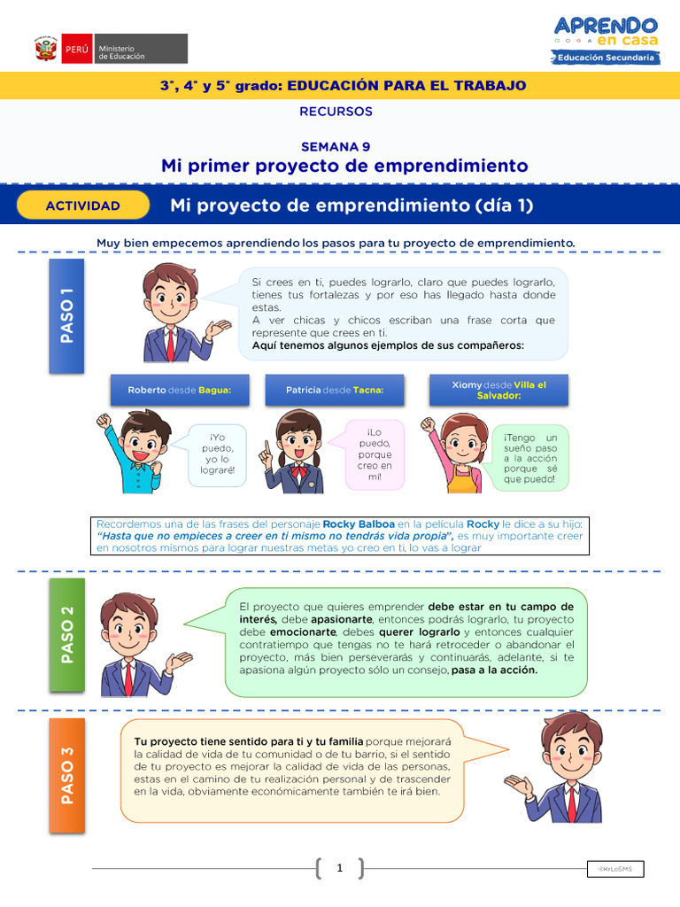 EPT - RECURSOS - Mi Primer Proyecto de Emprendimiento 3° - 5° | PDF