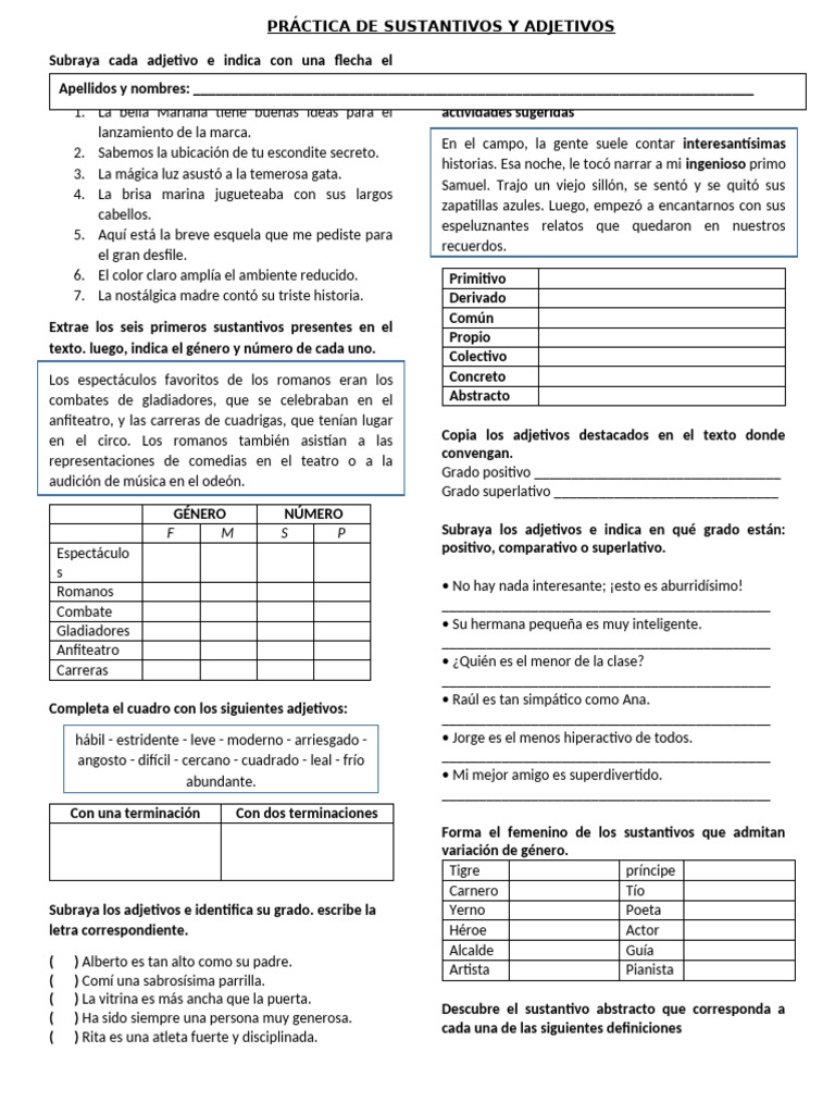 1ro Práctica Sustantivos y Adjetivos | PDF | Adjetivo