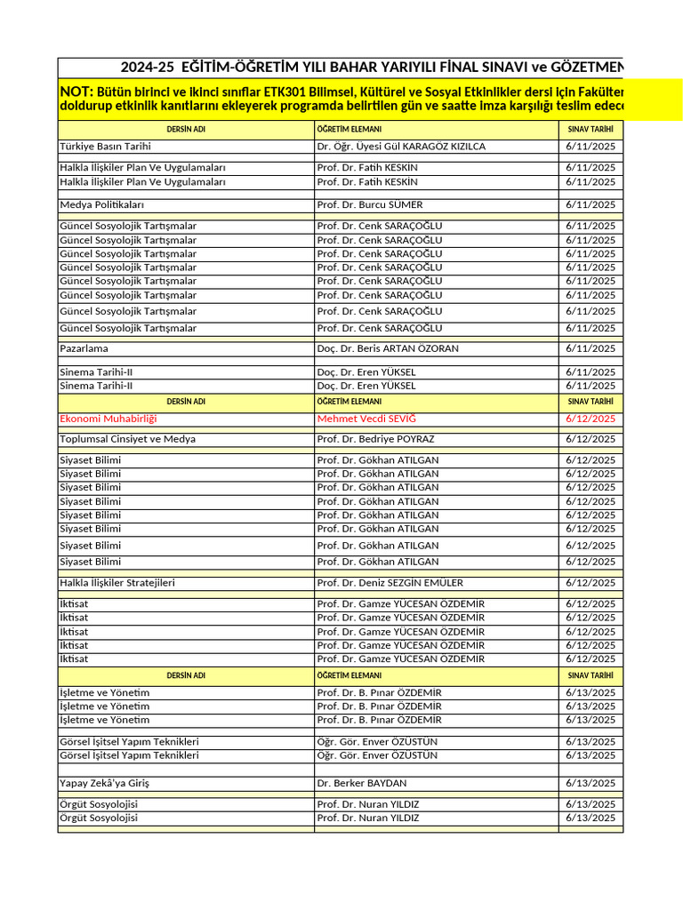 2024 25 Bahar Yariyili Final Sinav Programi 15 05 2025 Saat.15.45 Duzenlenmis Son Hali | PDF