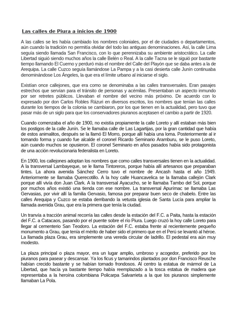 Las Calles de Piura A Inicios de 1900 | PDF
