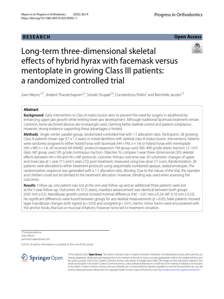 Mentoplate vs. Facemask in Class III Treatment | PDF | Orthodontics ...