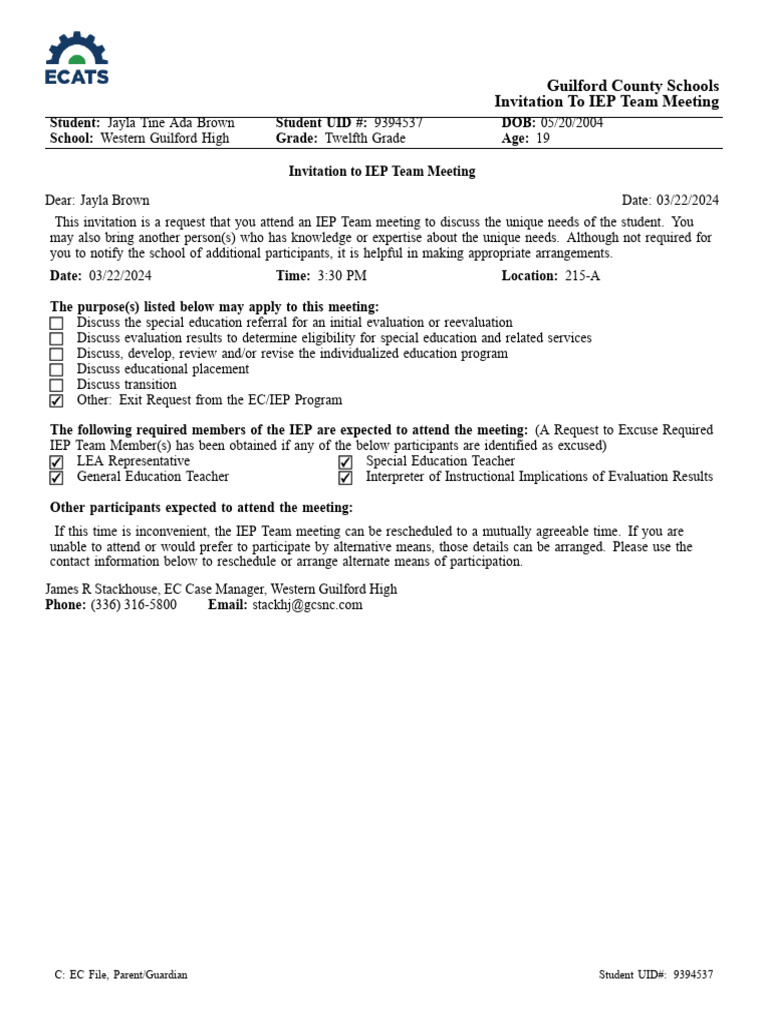 JB Exit Meeting Invitation | PDF | Individualized Education Program ...