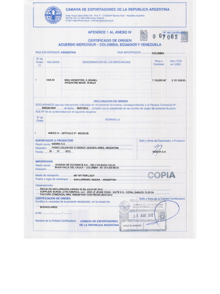 Avidesa Certificado Origen | PDF