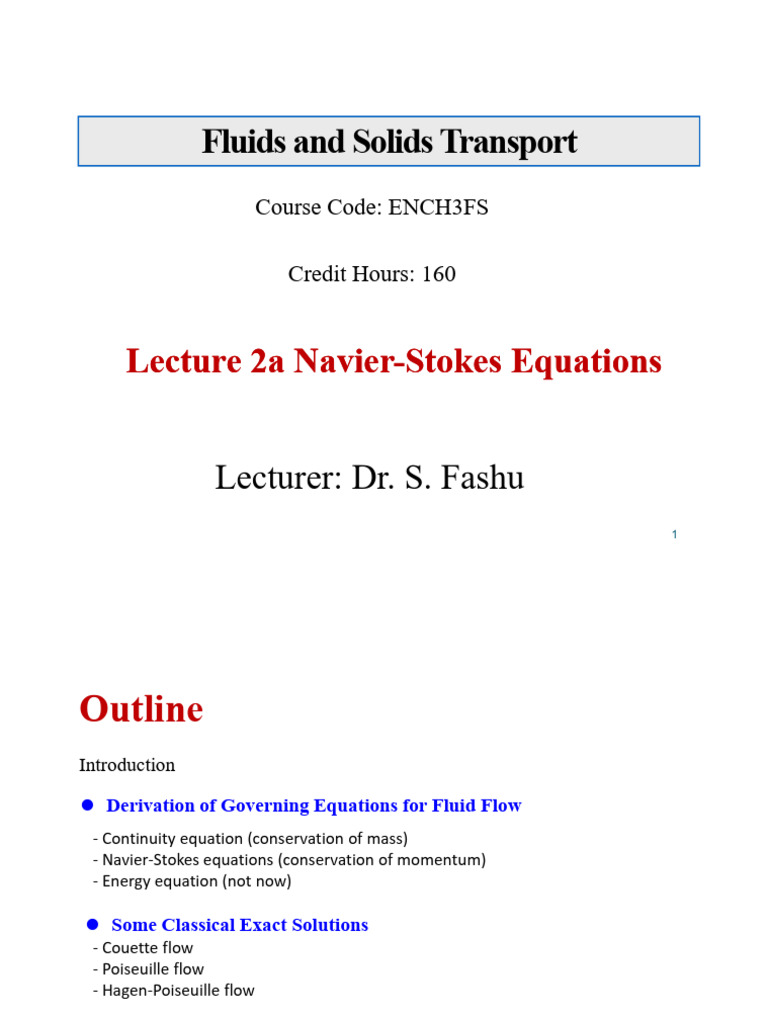 Lecture 2a Differential Governing Equations of Fluid Flow | PDF | Fluid Dynamics | Navier–Stokes ...