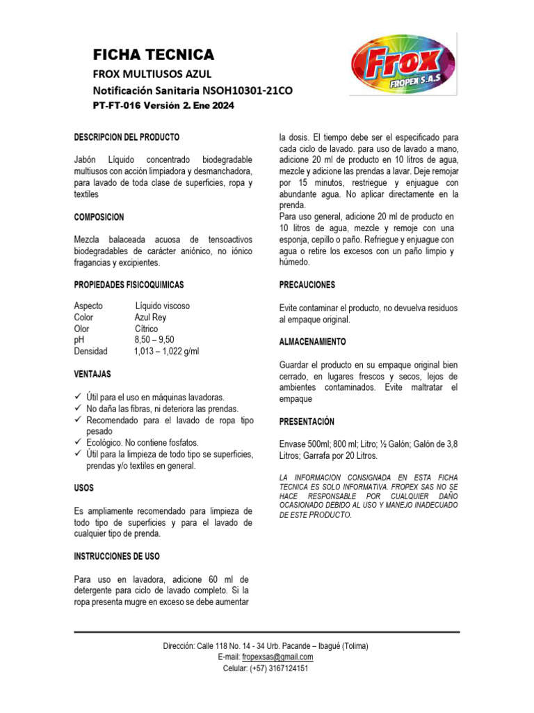 Pt-ft-016 Frox Multiusos Azul | PDF | Agua | Detergente