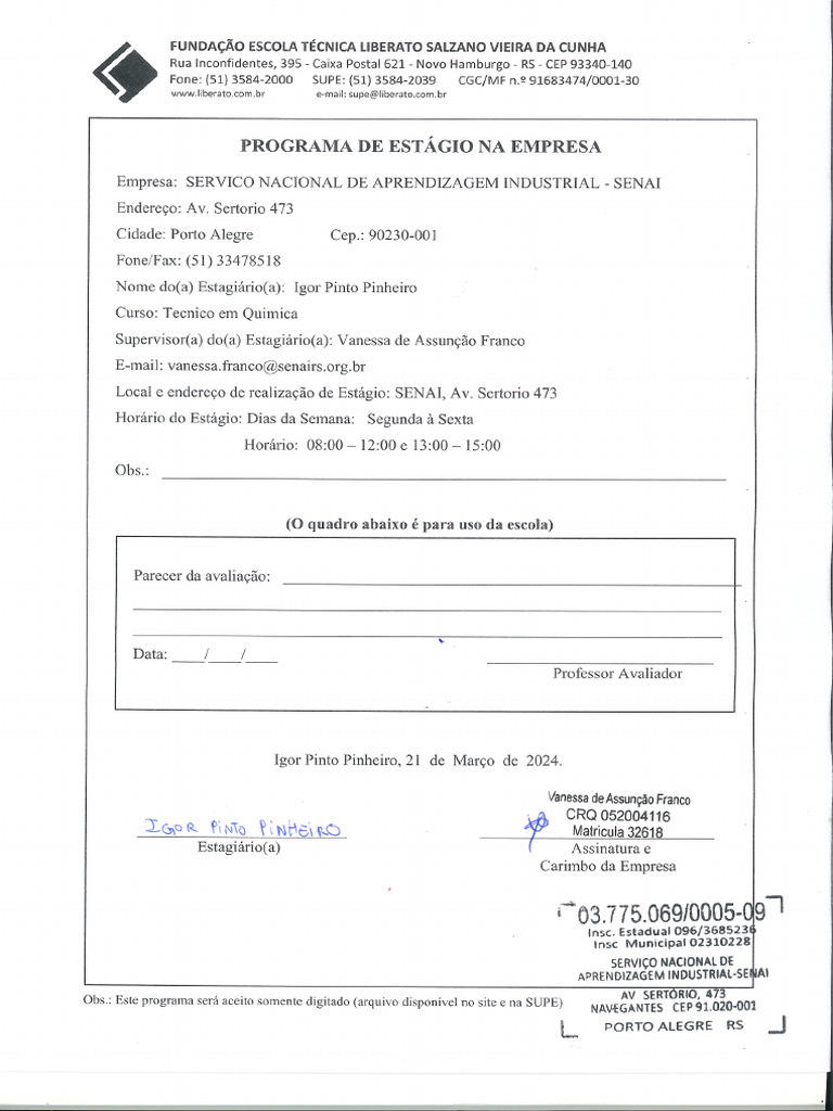 Programa de Estagio - Igor Pinto Pinheiro | PDF