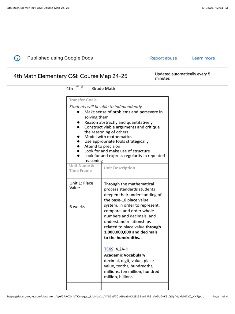 4th Math Elementary C&I: Course Map 24-25 | PDF | Line (Geometry ...