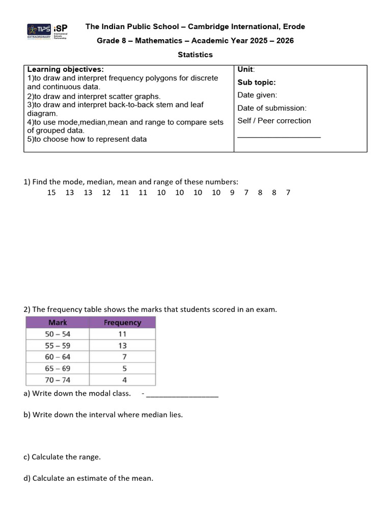 Grade 8 Statistics Worksheets Guide | PDF | Median | Arithmetic Mean