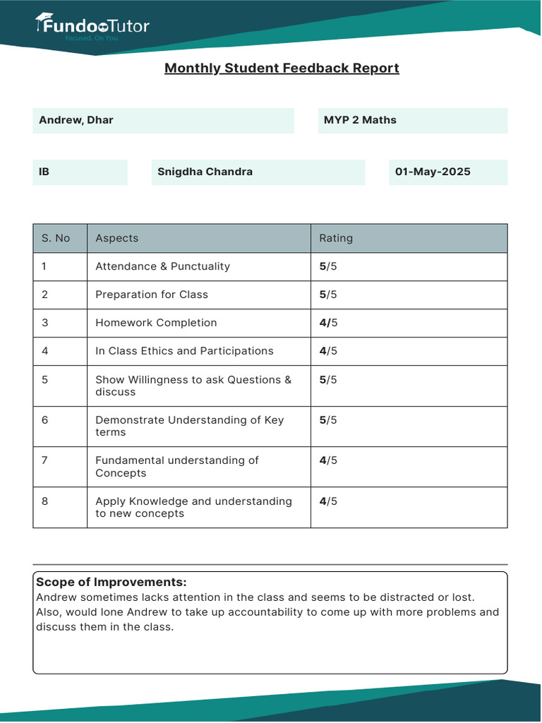 Andrew's Monthly Feedback by Teacher Snigdha Chandra for MYP 2 Maths IB ...