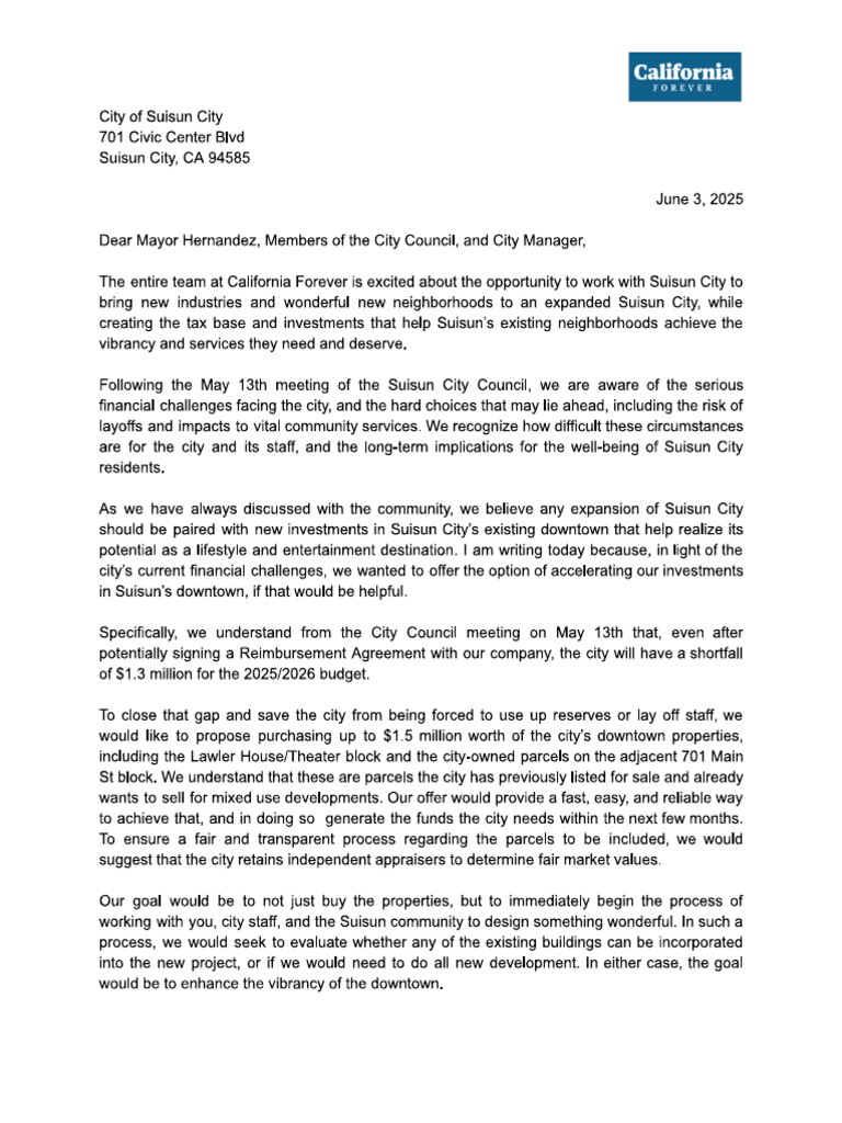 California Forever Letter | PDF