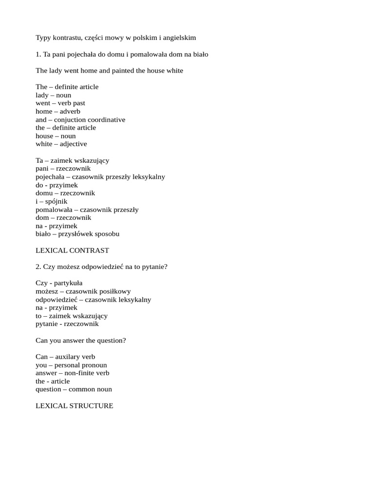 Typy Kontrastu, Części Mowy W Polskim I Angielskim - ZADANIE | PDF