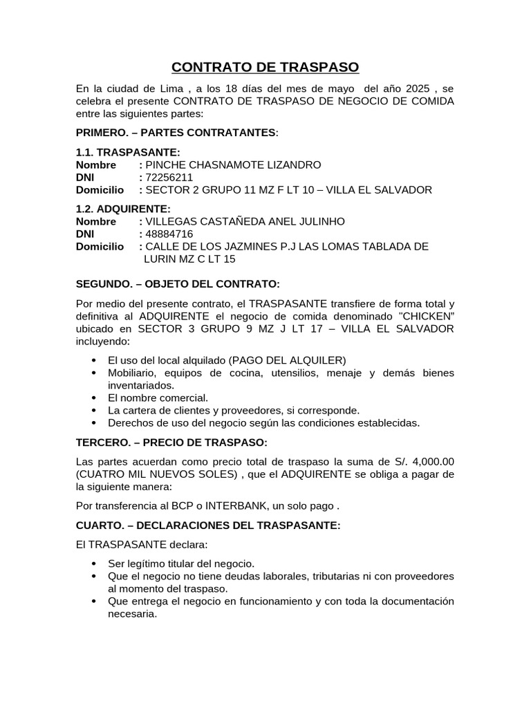 Contrato de Traspaso de Negocio de Comida | PDF