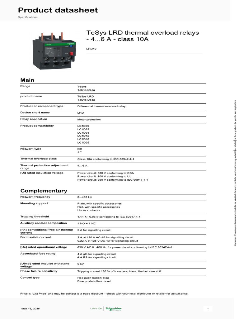 Schneider Electric TeSys-LRD LRD10 | PDF | Relay | Electrical Engineering