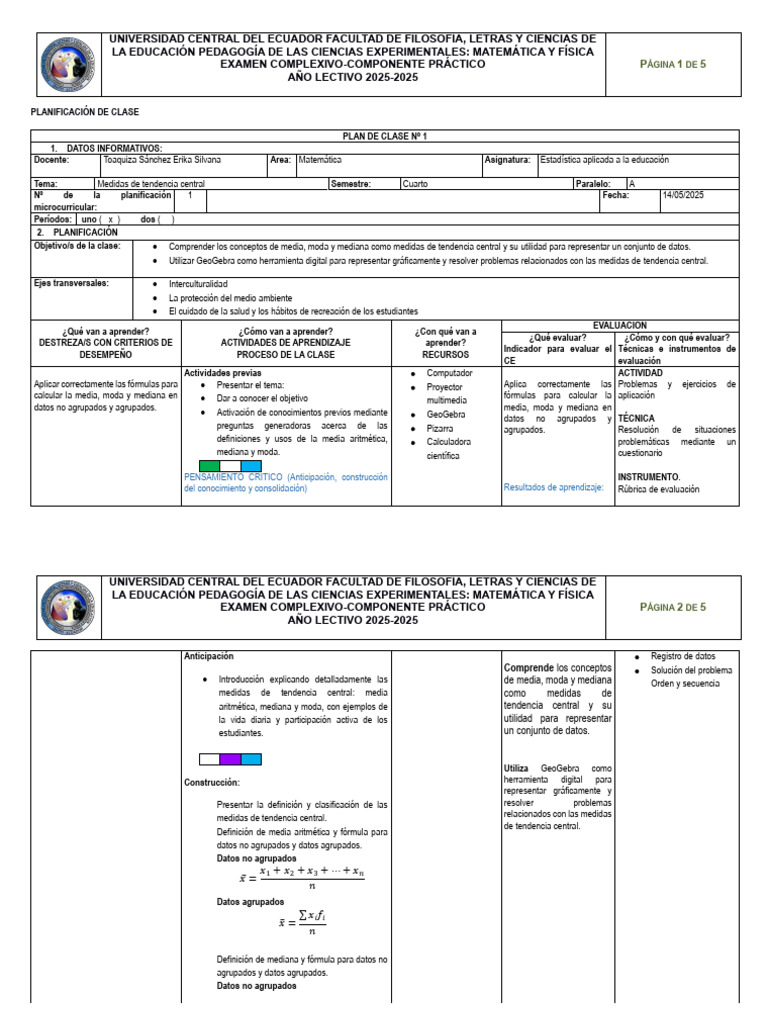 Plan de Clase: Medidas de Tendencia Central | PDF | Aprendizaje | Datos
