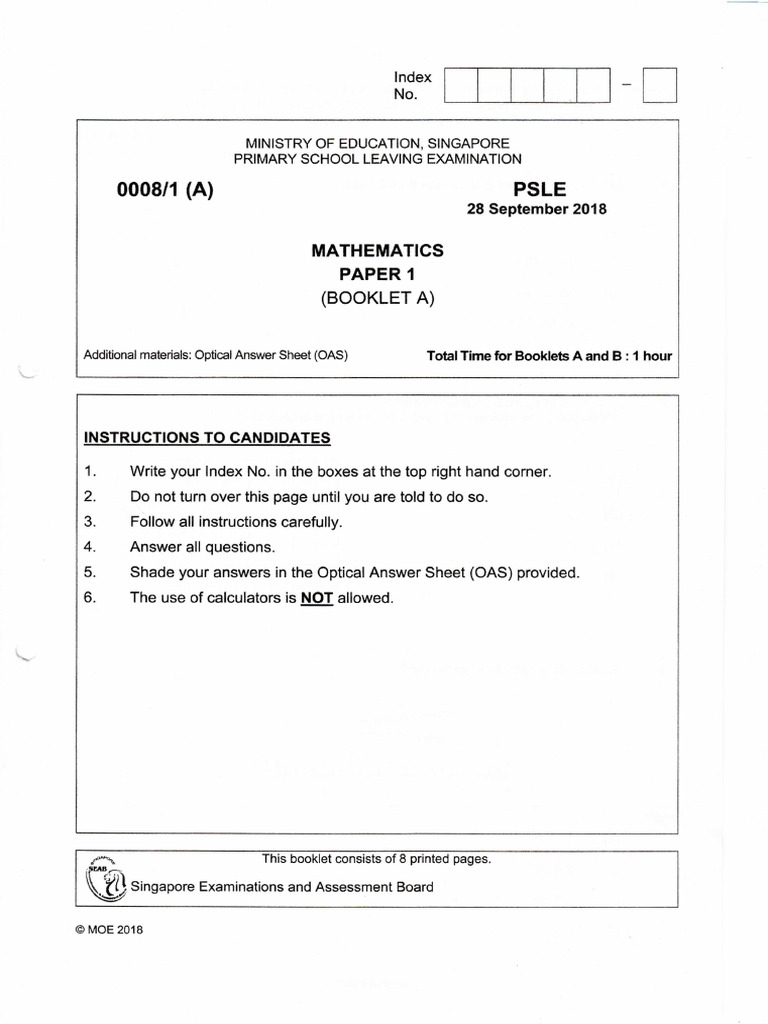 PSLE Maths 2018 Paper 1 Booklet A | PDF
