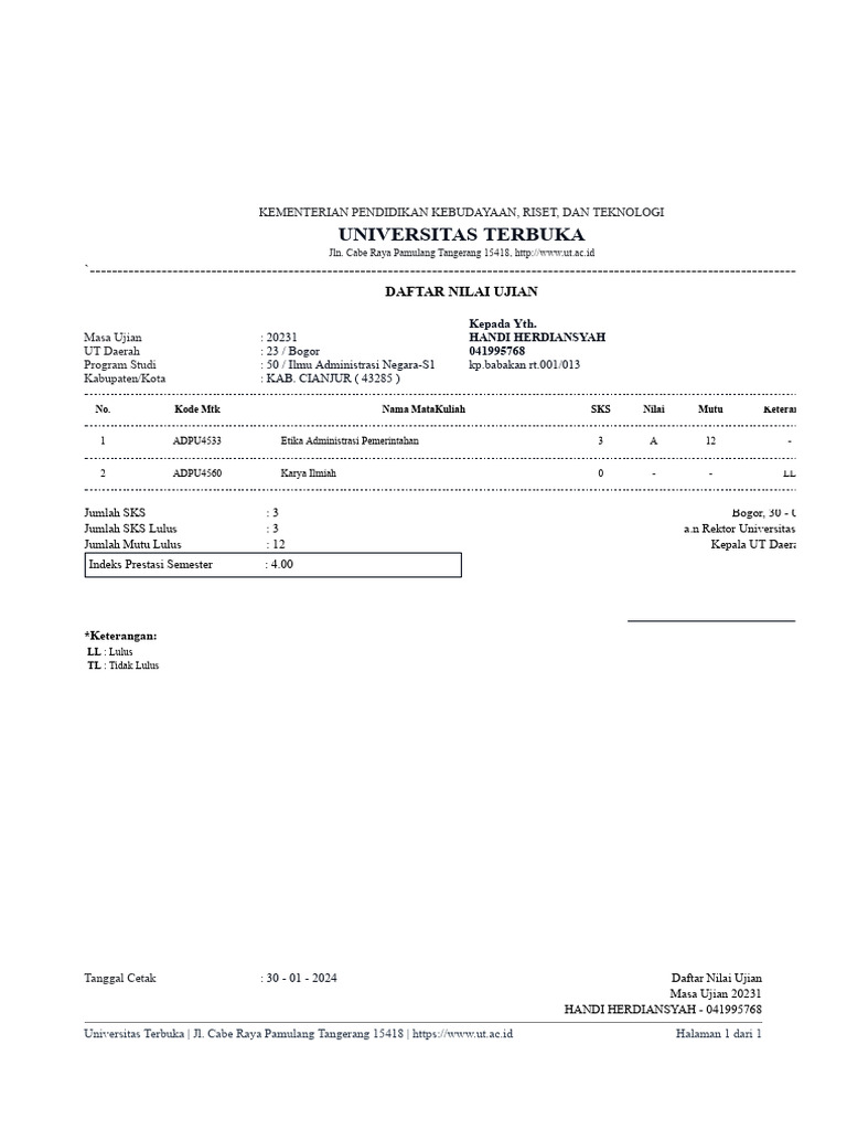 Daftar Nilai Ujian | PDF
