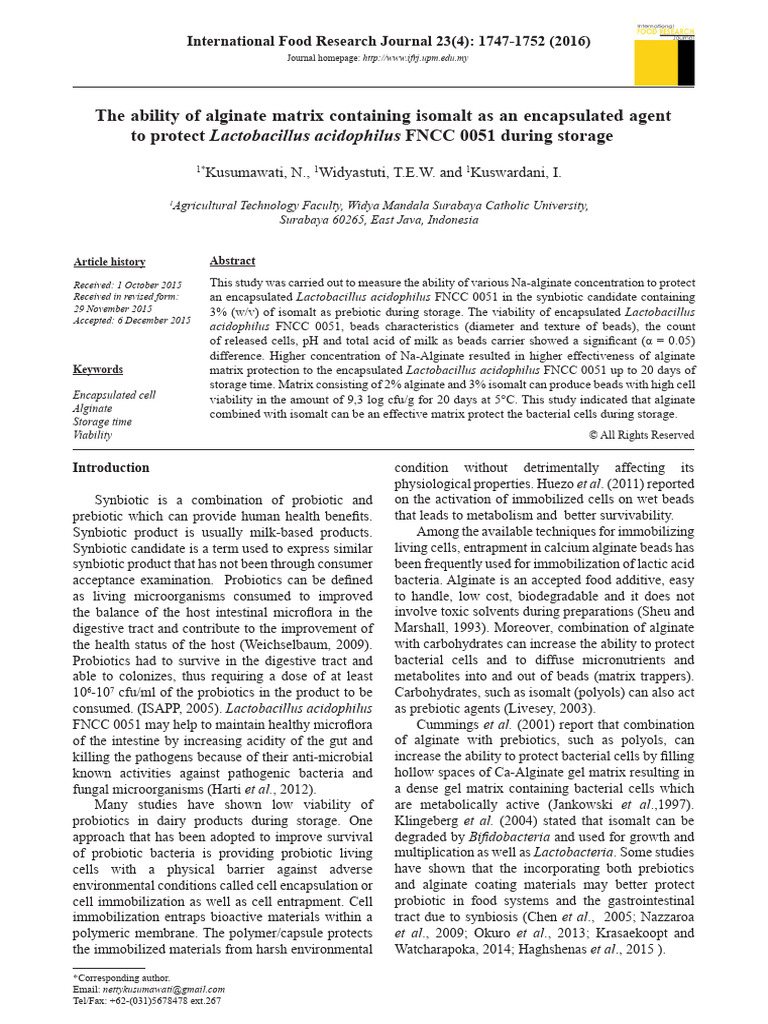 The Ability of Alginate Matrix | PDF | Probiotic | Biology
