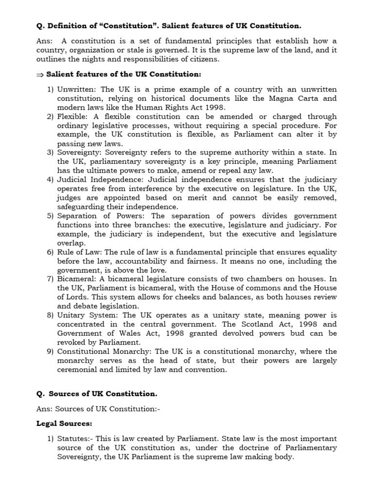 UK Constitution: Key Features & Sources | PDF | House Of Lords ...