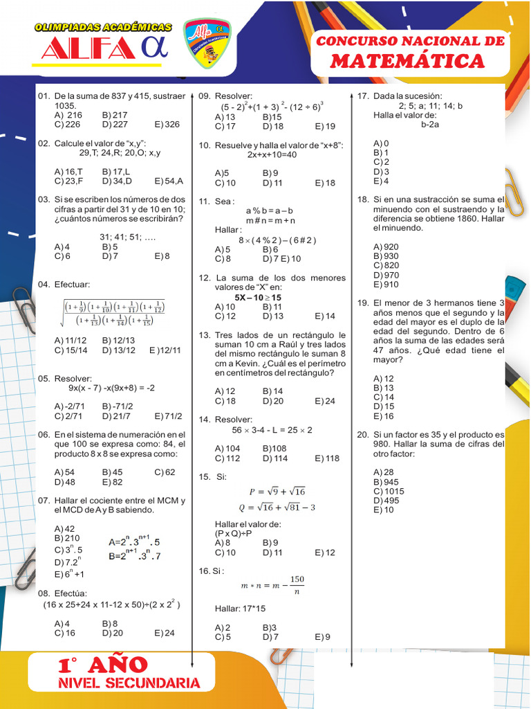 MATEMATICA 1RO - 5TO SECUNDARIA | PDF | Sustracción | Aritmética