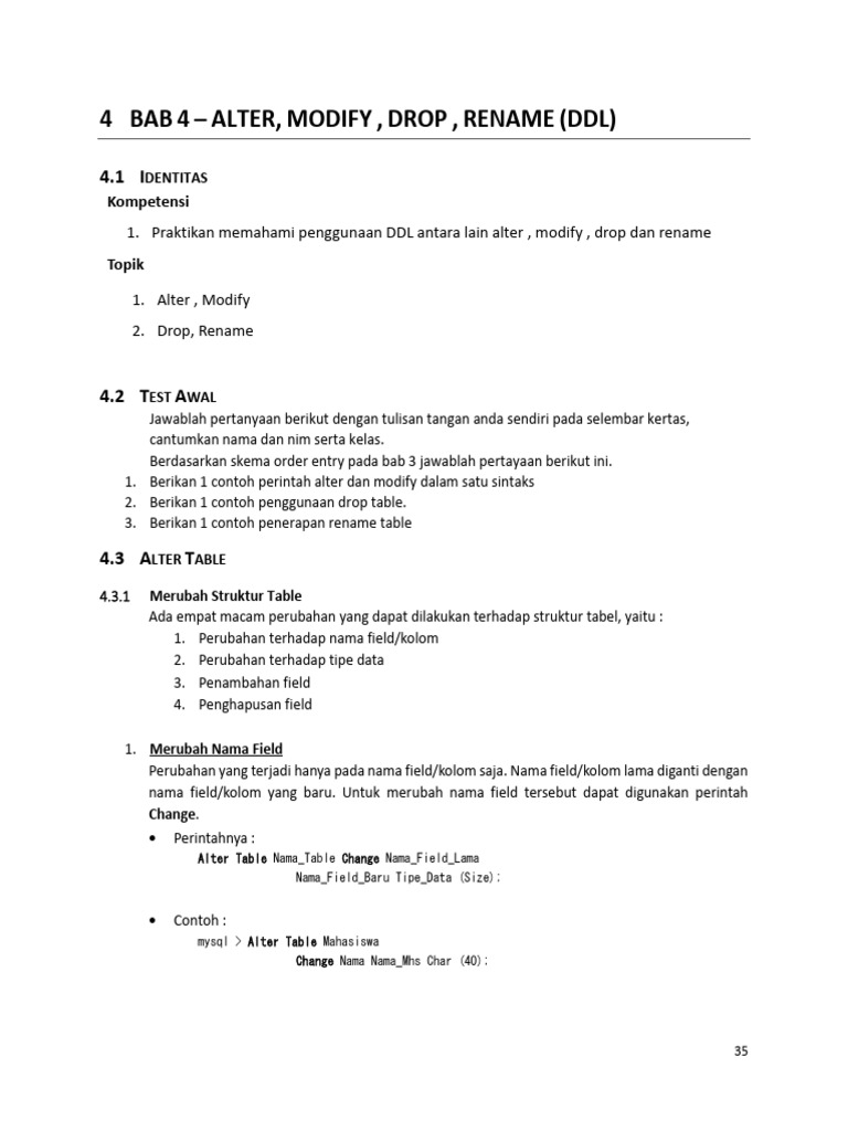 Bab 4 Alter, Modify, Drop, Rename (DDL) | PDF