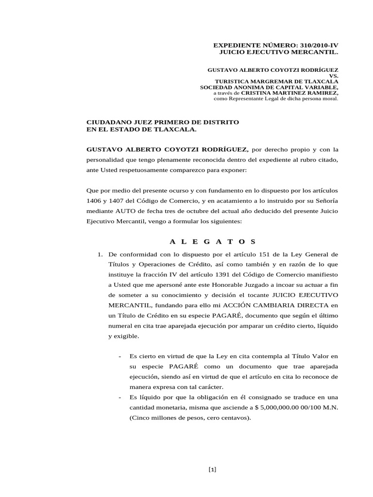 Juicio Ejecutivo Mercantil: Coyotzi vs. Margremar | PDF | Justicia ...