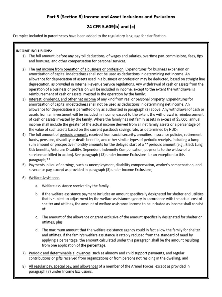 HUD P5 Inclusions Exclusions | PDF | Income | Section 8 (Housing)
