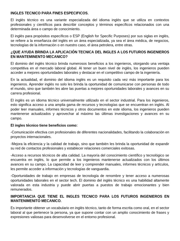 Inglés Técnico para Ingenieros Mecánicos | PDF | Ingeniería ...