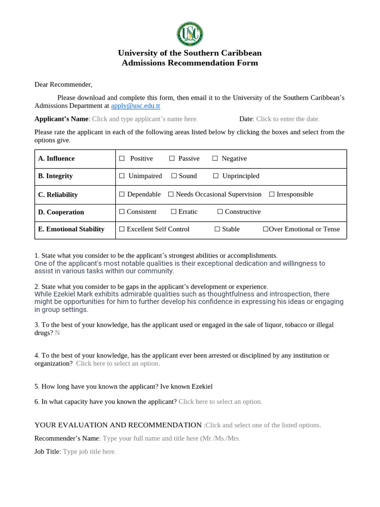 USC Recommendation Form | PDF