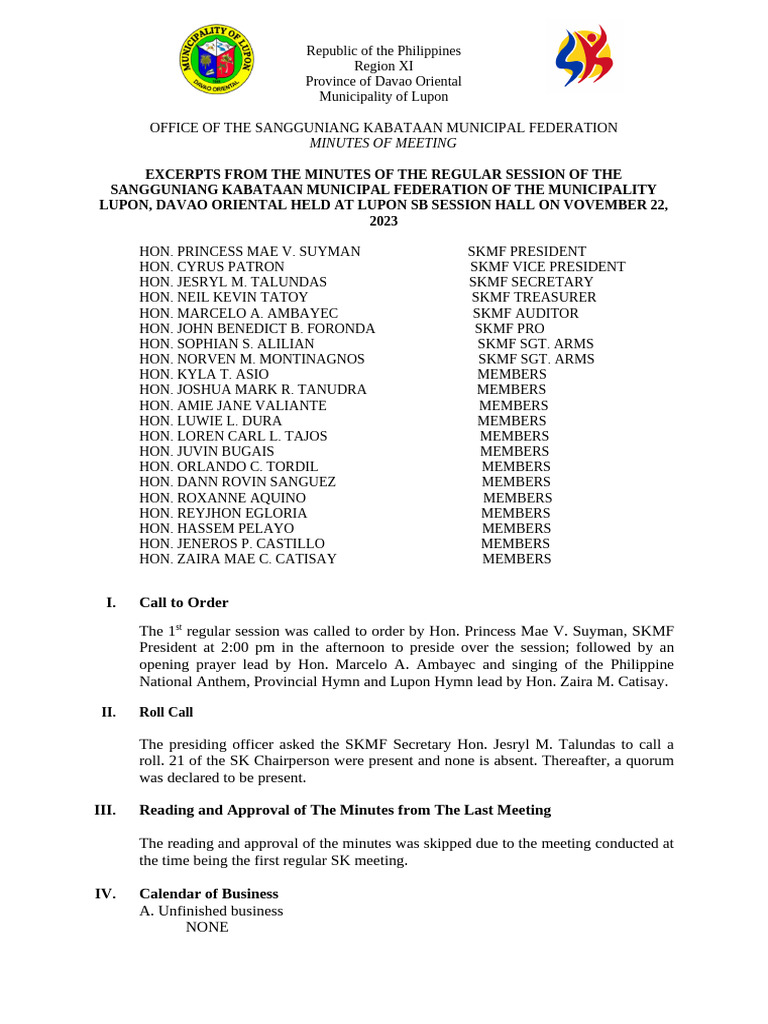 1st Regular Session Minutes | PDF