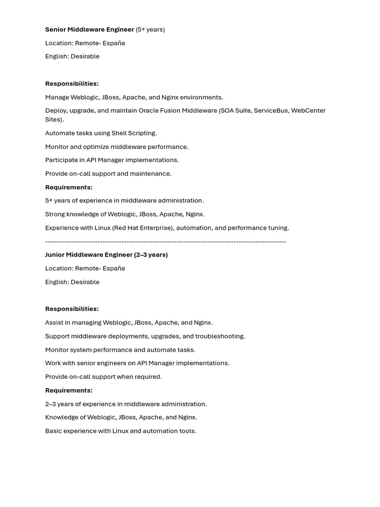 Middlewere Engineer SR and JR | PDF