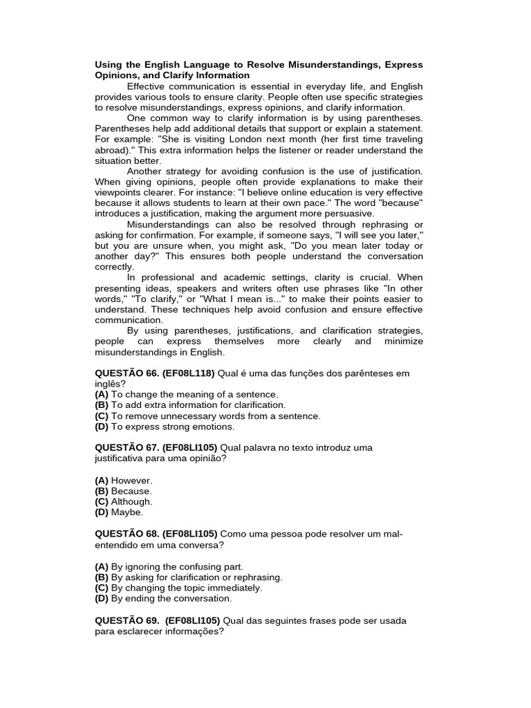 Using The English Language To Resolve Misunderstandings | PDF | English ...