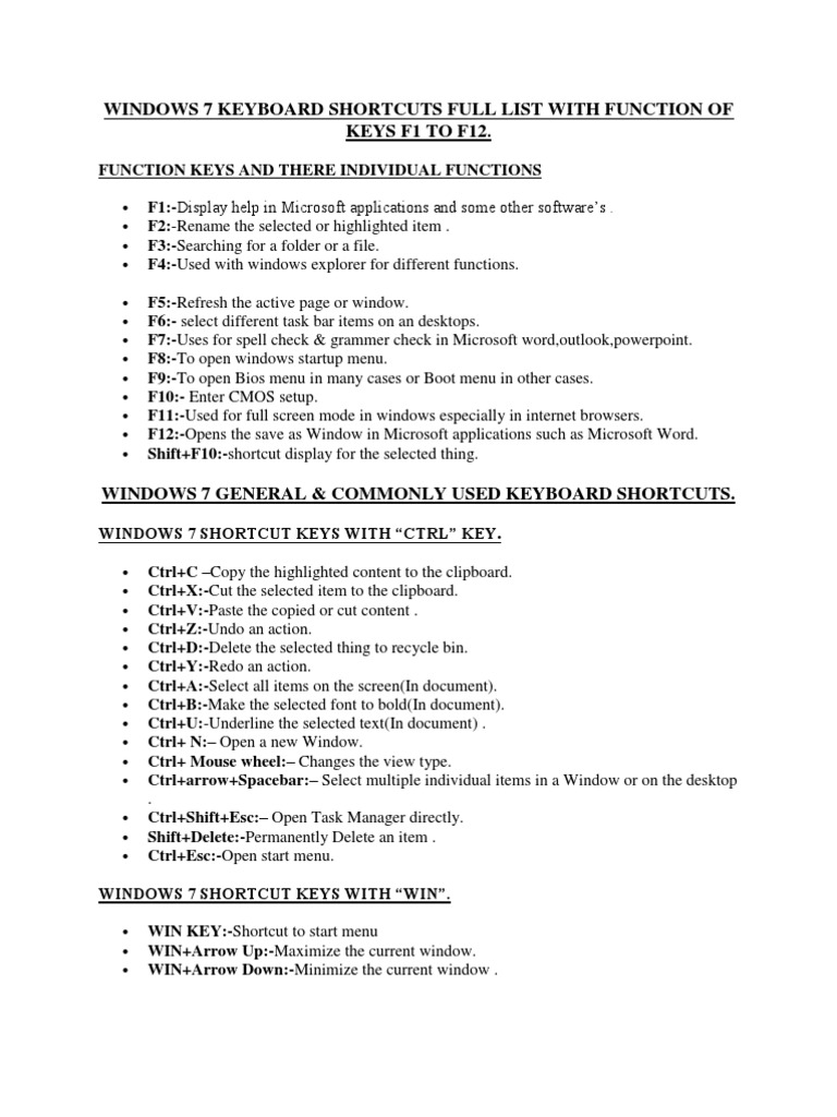 Windows 7 Keyboard Shortcuts Full List With Function of Keys F1 To F12 | PDF | Human–Computer ...
