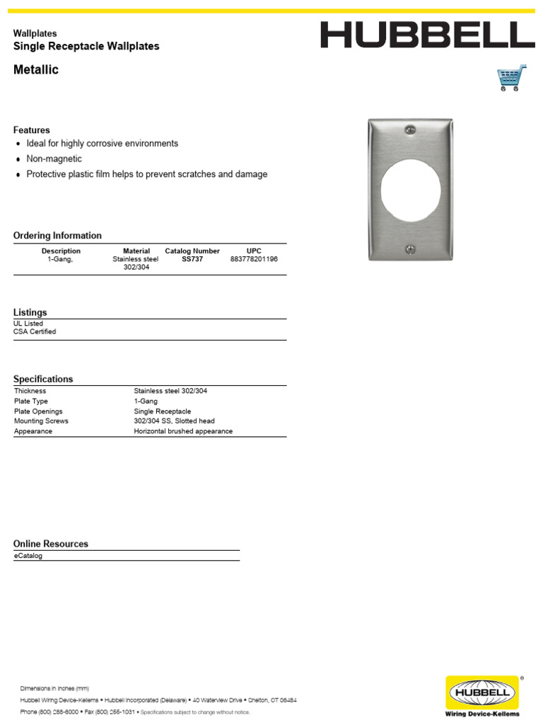 SS737 - Cart Tapa Receptáculo 60A Acero Hubbell | PDF