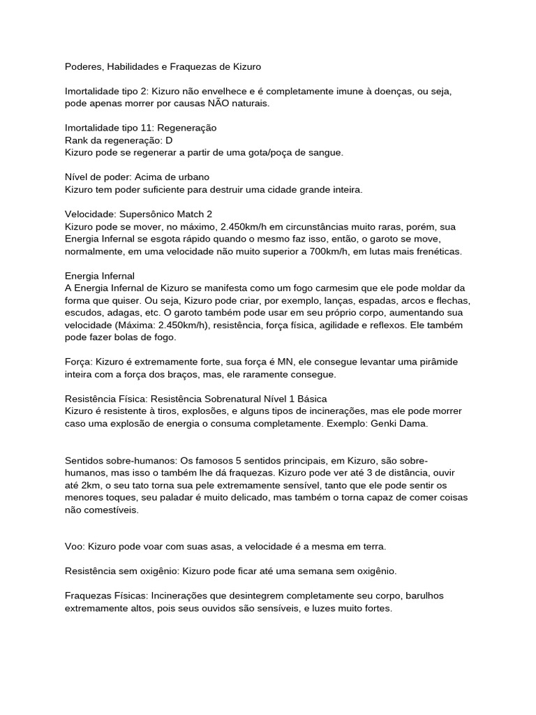 Poderes, Habilidades e Fraquezas de Kizuro | PDF