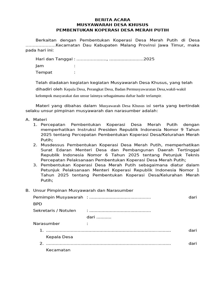Berita Acara Musdesus Pembentukan Kopdes | PDF