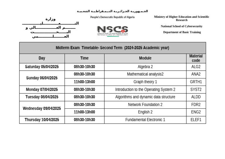 Midterm Test Time Table 2 2024-2025 | PDF